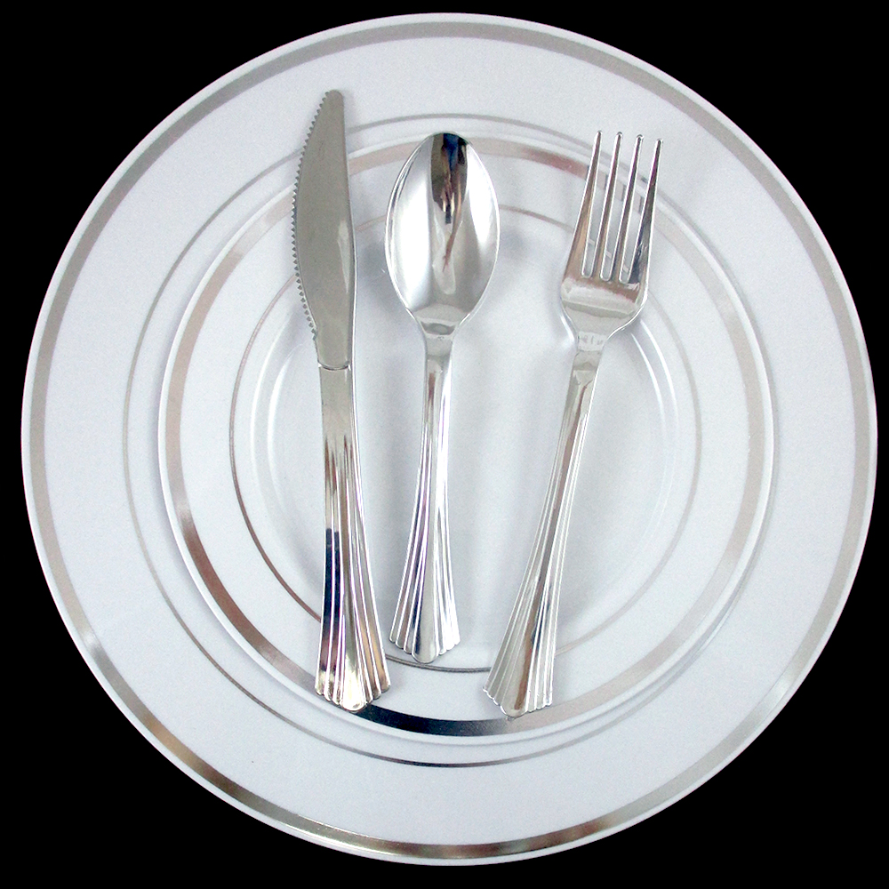 30 People Dinner Wedding Disposable Plastic Plates Silverware Silver